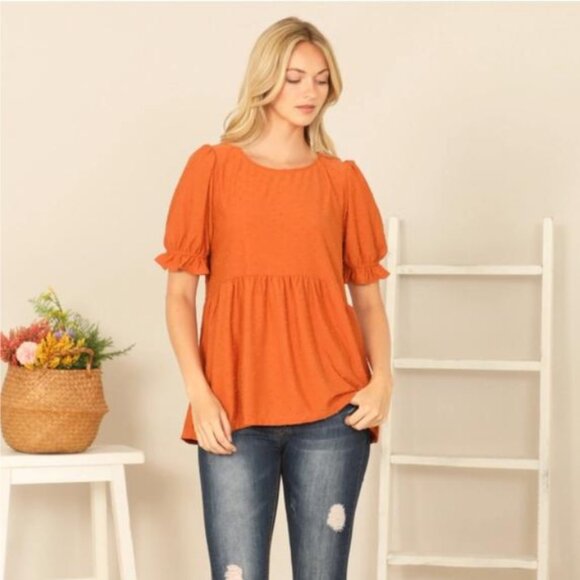 MYS WHOLESALE INC | Tops | Ruffle Cuff Puff Short Sleeve Swiss Dot Pleated Top Rust | Poshmark